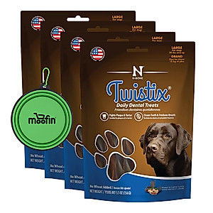 N-Bone Dental Treats Dogs 55 oz - Peanut Butter Dog Treats with Carob Flavor, Cleans Teeth, Freshens Breath - No Artificial Preservatives, with Bonus Silicon Pet Bowl, Dog Snacks [Pack of 4]