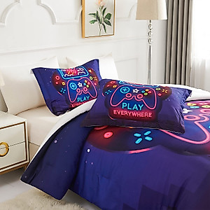 Koniroom Gaming Comforter Set Full/Queen Size, Gamer Bedding Sets for Kids Teen Boys with Play Everywhere Game Contoller Themed Printing, Reversible Comforter 3 Pieces with 2 Pillow Shams