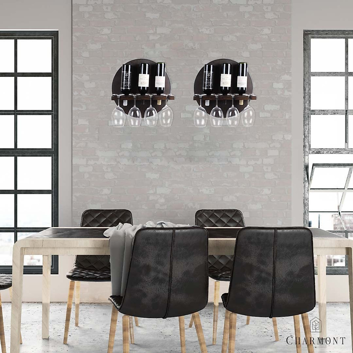 Charmont Wooden Rustic Round Wine Rack - USA Made 3 Bottle & 4 Stemware Glasses Wall Mounted Wine Holder, Anniversary, Wedding Gift for Farmhouse Home, Bar Decor and Storage (Dark Walnut Finish)