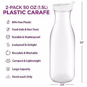 DilaBee Plastic Water Pitcher With Lid Round Carafe Pitchers for drinks, Milk, Smoothie, Iced Tea, Mimosa Bar - BPA-Free - Not Dishwasher Safe (2-Pack, 50 Ounce)