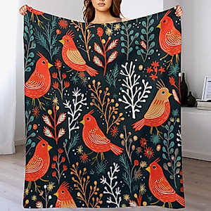 Blanket Red Christmas Birds Plush Throw Fleece Blanket Happy New Year Soft Cozy Microfiber Throw Blanket for Couch Sofa Bed for Adult Kid Birthday 40"x50" Ultra Soft Plush Cozy Xmas Prints