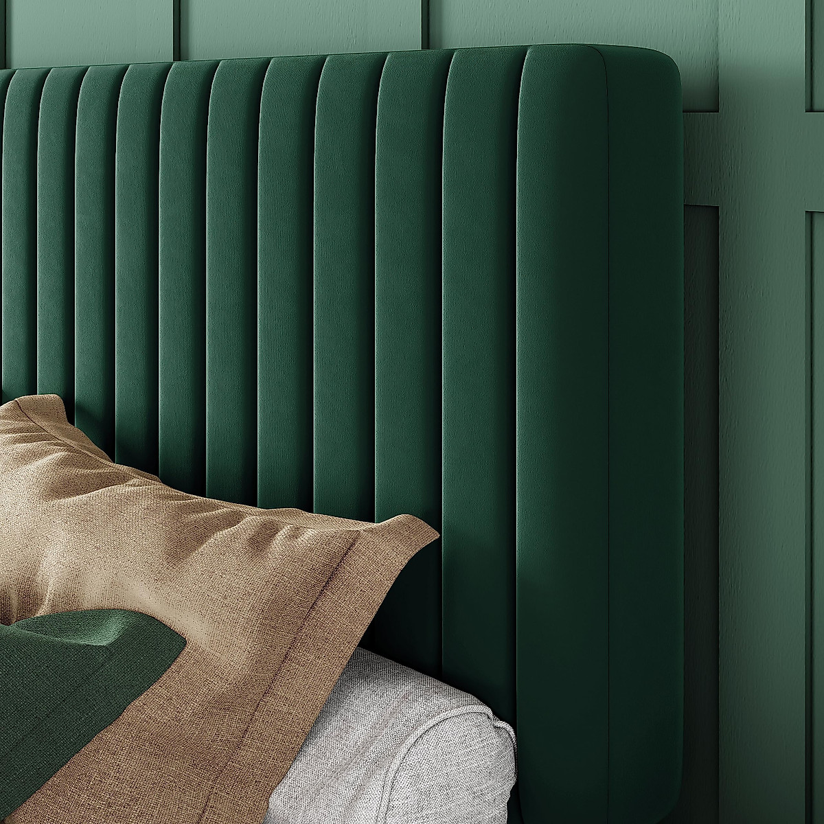 Allewie Queen Bed Frame, Velvet Upholstered Platform Bed with Adjustable Vertical Channel Tufted Headboard, Mattress Foundation with Strong Wooden Slats, Box Spring Optional, Easy Assembly, Green