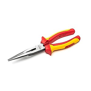 SATA 8-Inch VDE Insulated Long Needle-Nose Side Cutting Pliers with Chrome Vanadium Steel Body and Dual Material Anti-Slip Handles - ST70132ST