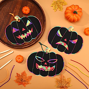 Gejoy 40 Pieces Halloween Scratch Art Paper Rainbow Colorful Pumpkin Scratch Card Paper with 40 Ribbons 12 Wooden Scratch Tools for Halloween Theme Party Kids School Home Activities