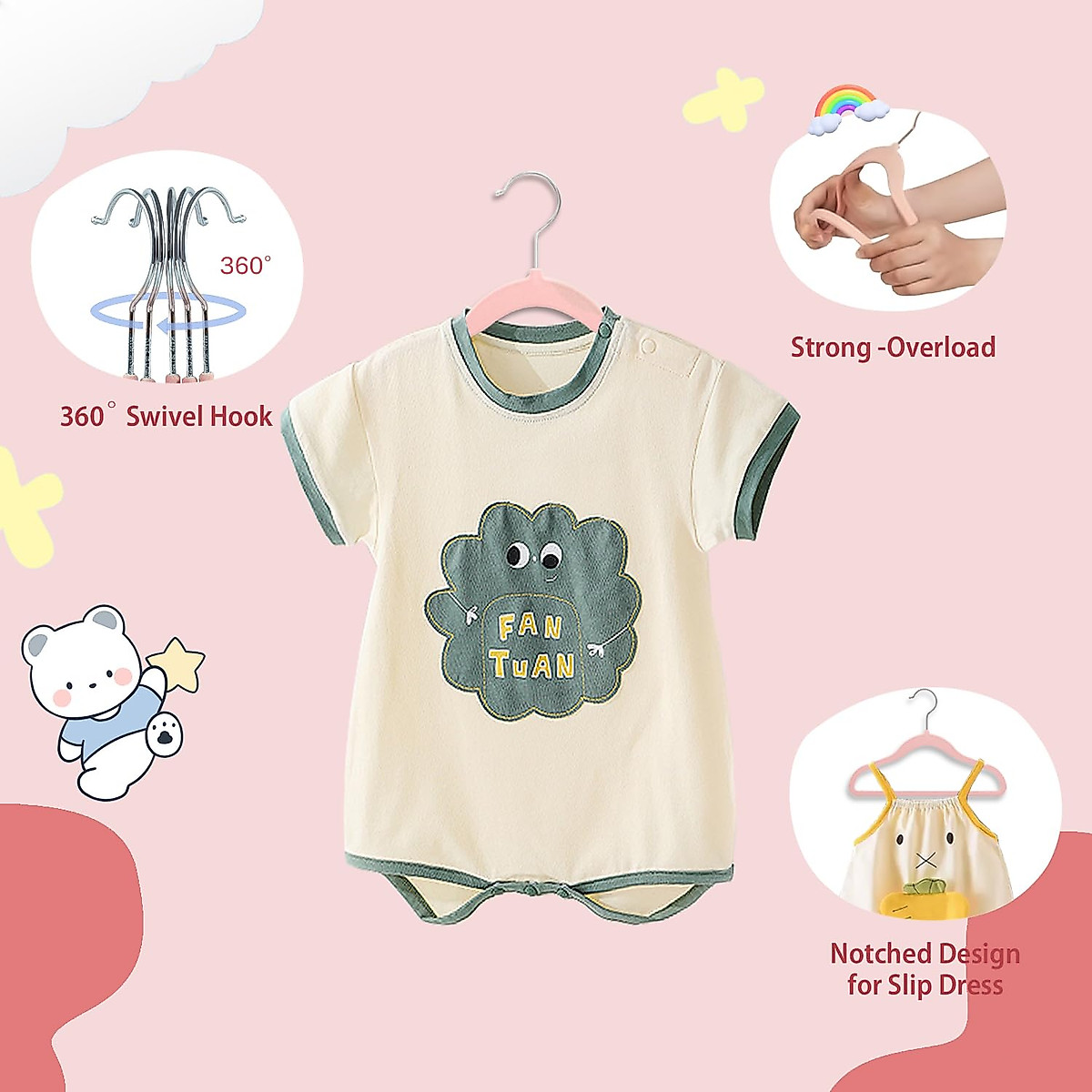 Wellong Baby Velvet Hangers, 11 Inches Kids Clothes Hangers, Non-Slip Childrens Hangers for Infant and Toddler 16 Pack Pink