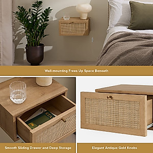 mopio Hannah Floating Nightstand, Natural Rattan Farmhouse Boho Wall Mounted Space Saving Bedside Tables, Nightstands, Drawer with Spacious Storage, for Bedroom, Living (Single)