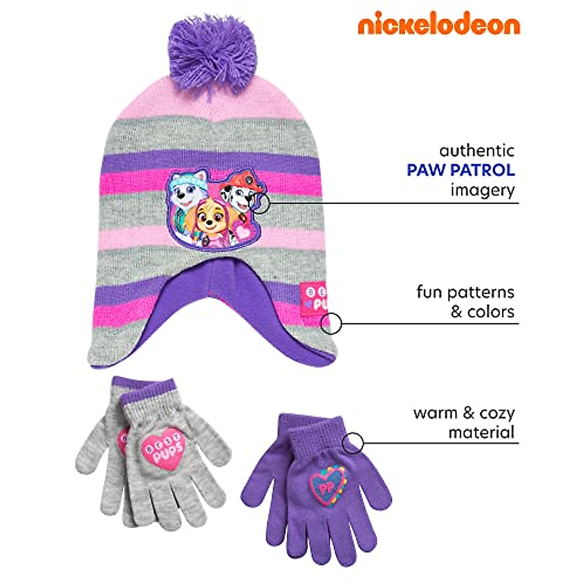 Nickelodeon Paw Patrol Girls Winter Hat and 2 Pair Mittens or Gloves (Age 2-7), Size Age 4-7, Paw Patrol Purple/Grey Glove 4-7