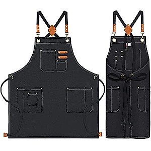 NLUS Chef Apron for Men Women, Water-Resistant Heavy Duty Cotton Canvas Apron Cross Back Apron with Adjustable Straps and Large Pockets, Size M to XXL (BLACK)