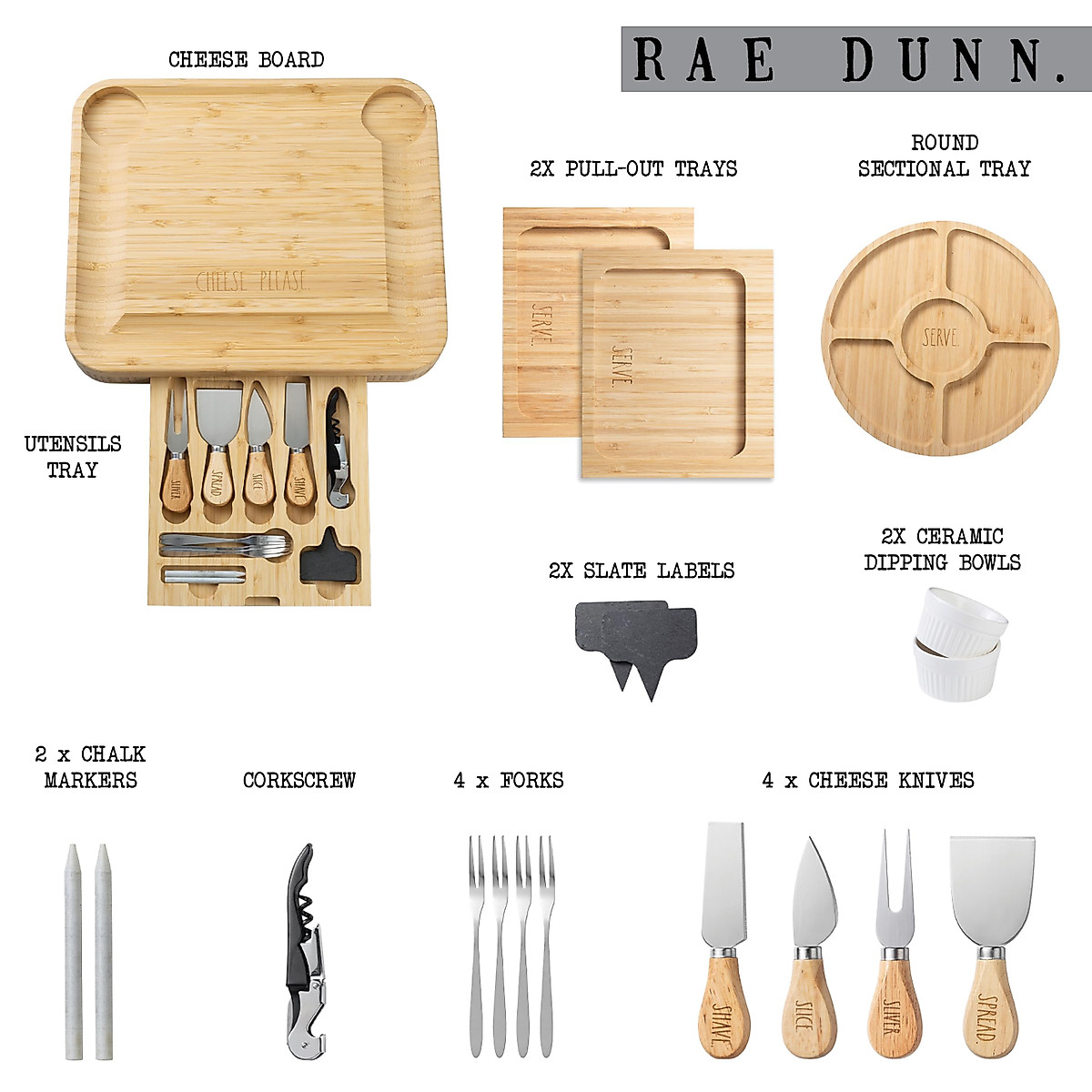 Rae Dunn Charcuterie Board & Accessories - Large Charcuterie Board Set, Bamboo Cheese Board Set with Serving Forks and Platters, Cheese Knives Included