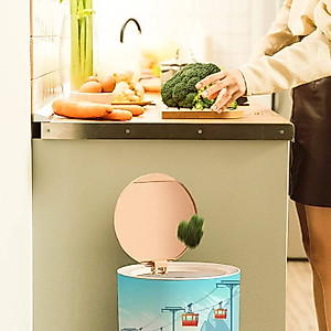 Small Trash Can with Lid Winter vacation active weekend leisure in mountain resort cartoon Waste Bin with Wood Legs Press Cover Wastebasket Round Garbage Bin for Kitchen Bathroom Bedroom Office