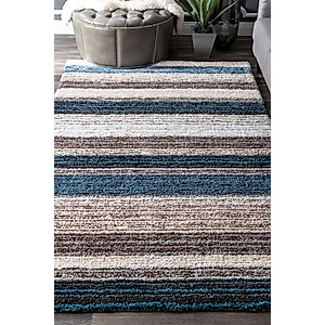 nuLOOM Drey Striped Shag Area Rug - 3x5 Accent Shag Rug Casual Blue Multi/Brown Rugs for Living Room Bedroom Dining Room Nursery Entryway