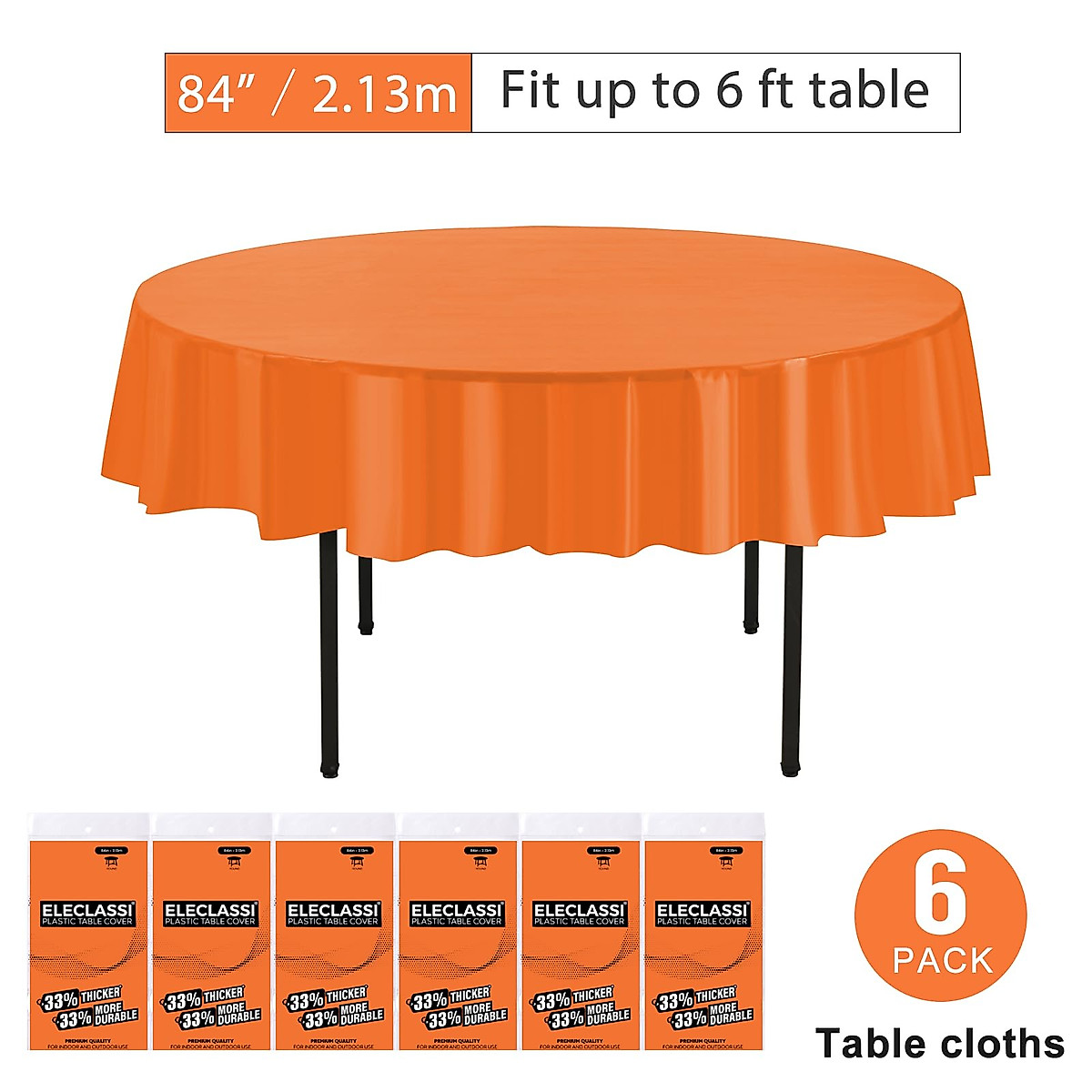 Eleclassi Orange 6 Pack Premium Round Disposable Plastic Tablecloth - 84 Inch Round Plastic Table Cloths for Parties Disposable Tablecloth - Round Plastic Tablecloth - Orange Round Tablecloth