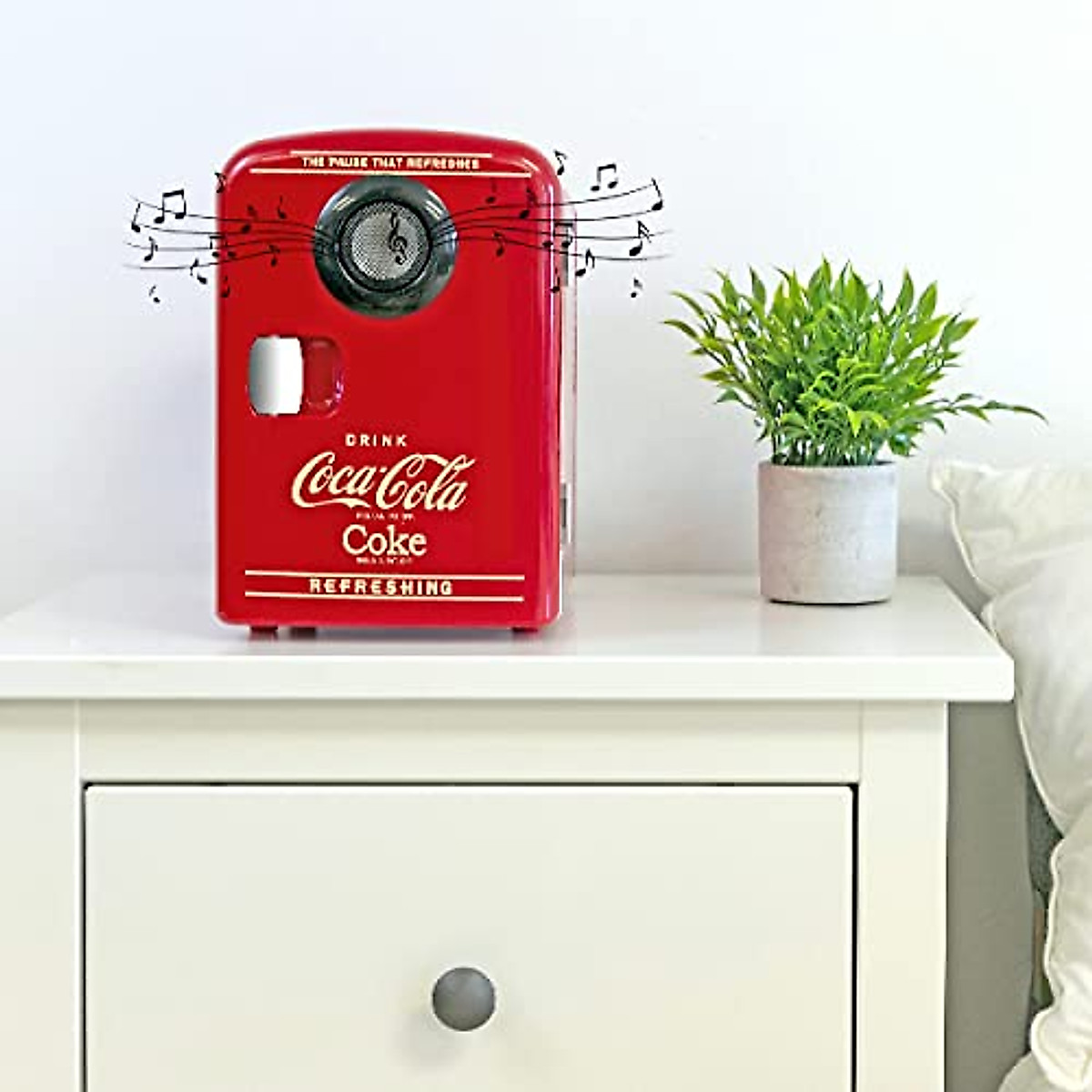 Coca-Cola Bluetooth Speaker Mini Portable Fridge, Compact Personal Cooler Warmer, 12V DC/110V AC for Home, Dorm, Car, Skincare, Cosmetics, Medication, Red
