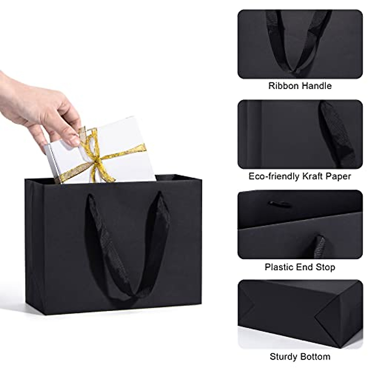 Katfort Black Gift Bags 36 Pack, 9''×4''×7'' Black Retail Bags for Small Business, Reusable Kraft Black Paper Bags with Handles Bulk for Shopping, Wedding, Party, Gift, Retail