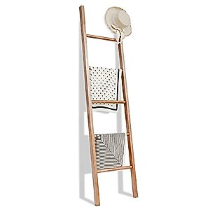 FUIN 6ft Wooden Blanket Ladder Farmhouse Decorative Wall Leaning Rack Holder Display Throw Quilt Rustic Towel Ladder for Bathroom, Light Brown