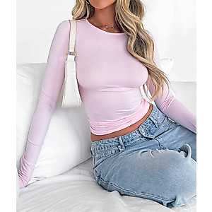 Women Long Sleeve Workout T-Shirt Y2k Basic Crewneck Fitted Tops Summer Clean Girl Aesthetic Yoga Clothes