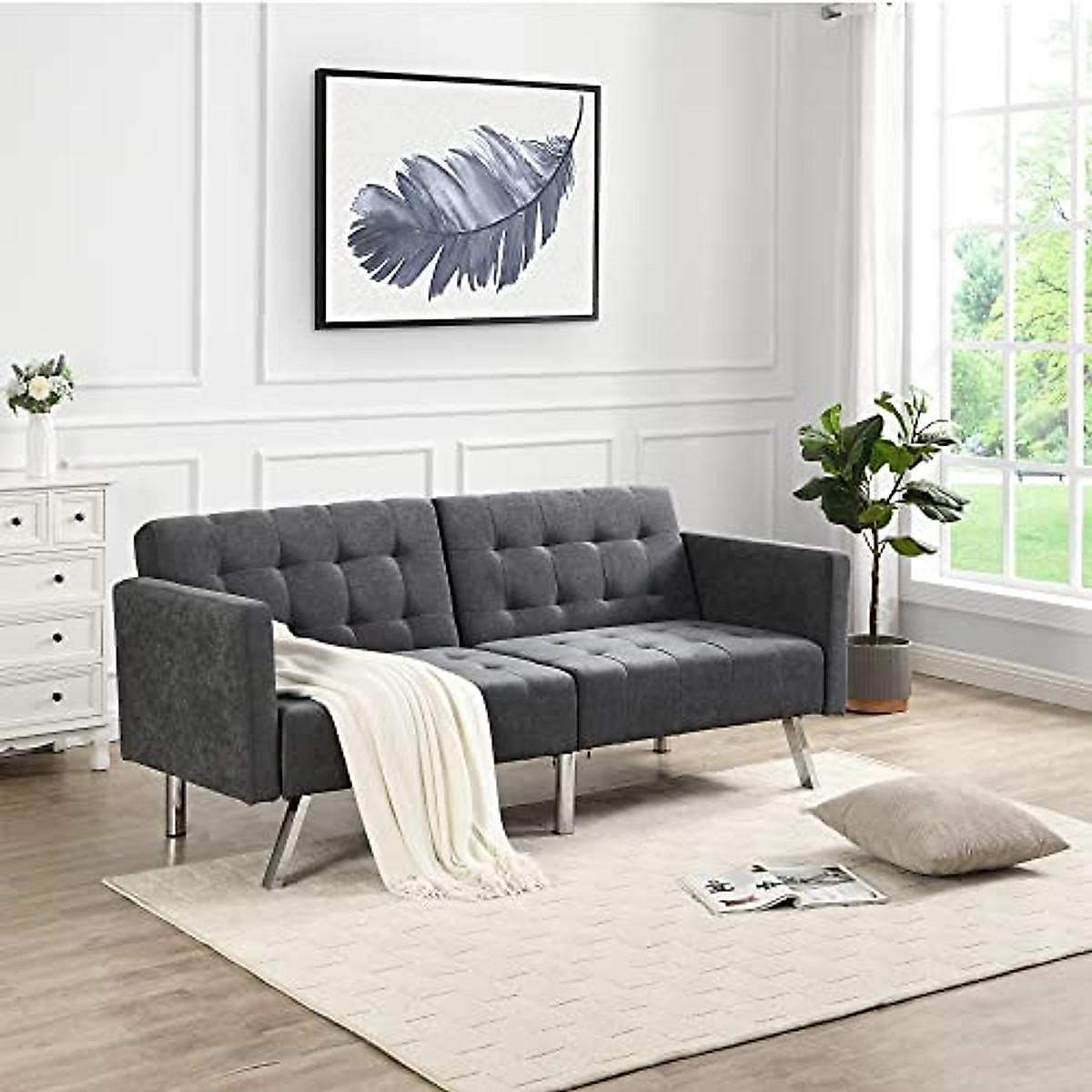 75"Convertible Folding Futon Sofa Bed,Split Back Design,Modern Fabric Sleeper Couch Bed with Armrest and Chrome Legs,Upholstered Recliner Loveseat for Living Room Apartment Dorms Office (Dark Grey)