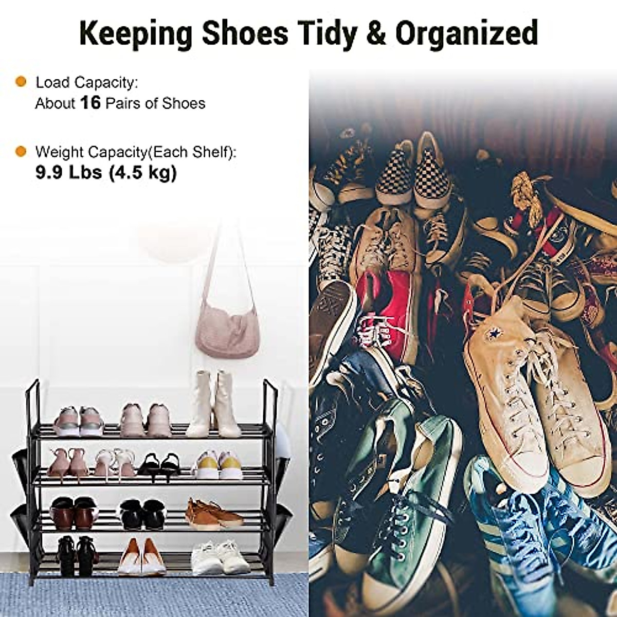 Yescom 4 Tier Shoe Rack Shelf Metal Shoe Tower 16 Pairs Shoe Storage Organizer Unit Entryway Closet Dorm Shelf Stackable Cabinet,35 7/16" L x 11 5/8" W x 29 1/2" H