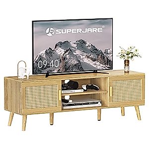 SUPERJARE Boho TV Stand for 55 Inch TV, Entertainment Center with Adjustable Shelf, Rattan TV Console with 2 Cabinets, Media Console, Solid Wood Feet, 4 Cord Holes, for Living Room - Natural