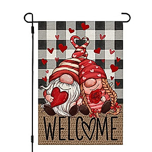 CROWNED BEAUTY Valentines Day Gnomes Garden Flag for Outside 12x18 Inch Small Double Sided Plaid Yard CF673-12