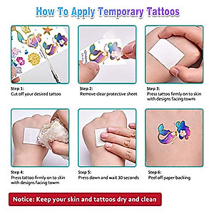 Mermaid Party Supplies Temporary Tattoos - Glitter Mermaid Birthday Party Favors, Mermaid Tail Decorations + Halloween Easter Makeup (6 Sheet)