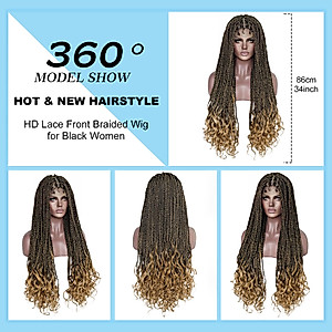 Ebingoo 34In Braided Lace Front Wig for Black Women +Wig Cap Double Lace Front Wig African American Knotless Box Braided Wig Lace Frontal Synthetic Lace Front Wigs for Black Women Dairly Wear