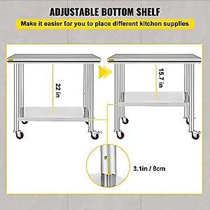 Mophorn Stainless Steel Work Table 36x24 Inch with 4 Wheels Commercial Food Prep Worktable with Casters Heavy Duty Work Table for Commercial Kitchen Restaurant