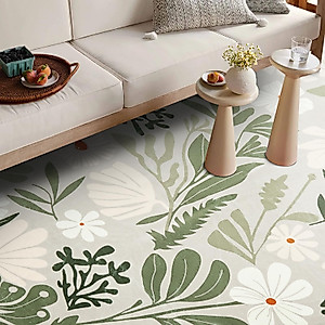 RoomTalks Cute Funky Bedroom Rugs Aesthetic Decor, 4x6 Washable Area Rug Non Slip Sage Green Boho Floral Botanical Rug Modern Abstract Throw Rug Accent Carpet for Living Room Kitchen Entryway Dorm