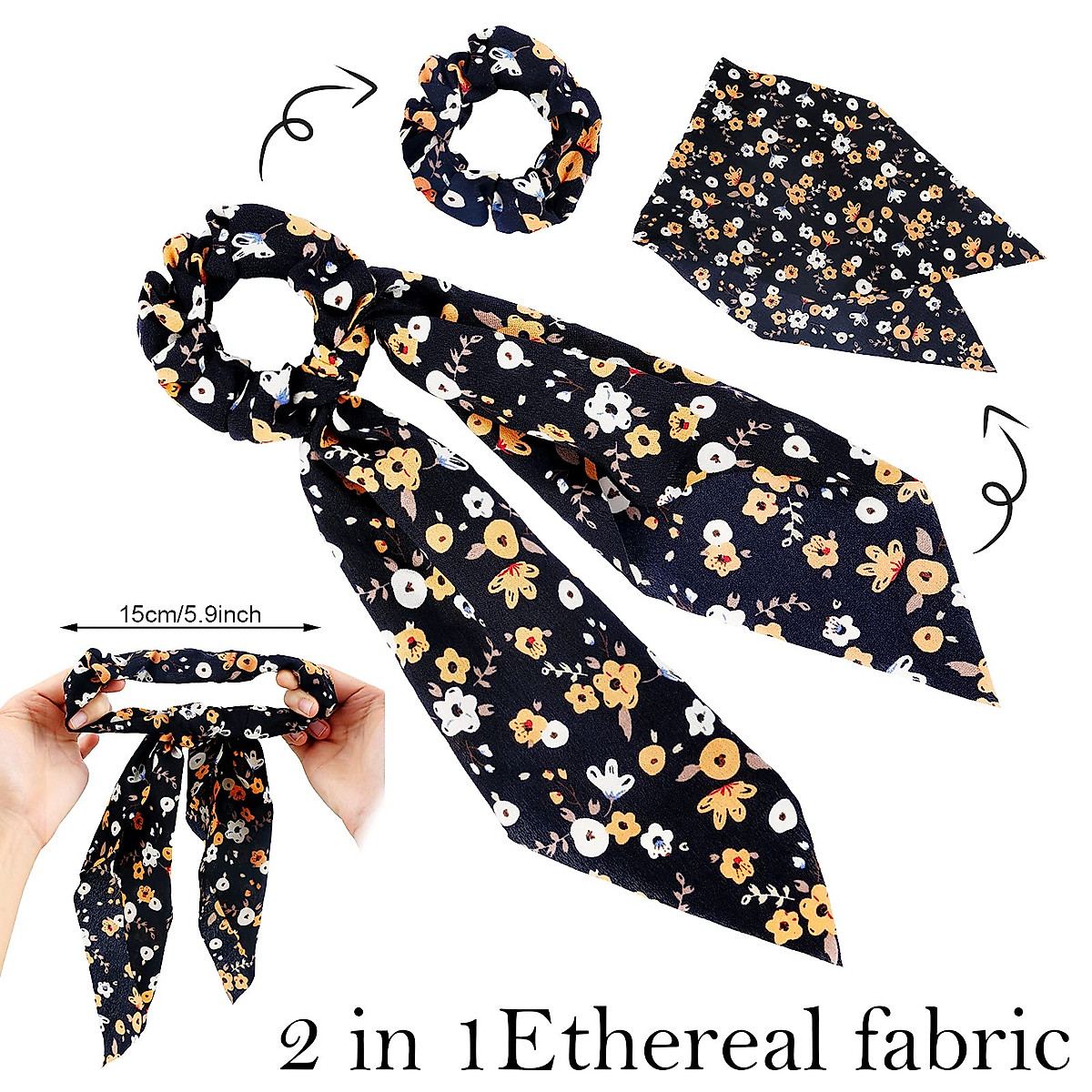 Chuangdi 10 Pcs Hair Scrunchies Hair Scarf with Ribbon Bunny Ears Chiffon Floral Bow Ponytail Holder Boho Elastic Floral Ropes 2 in 1 Vintage Accessories for Women