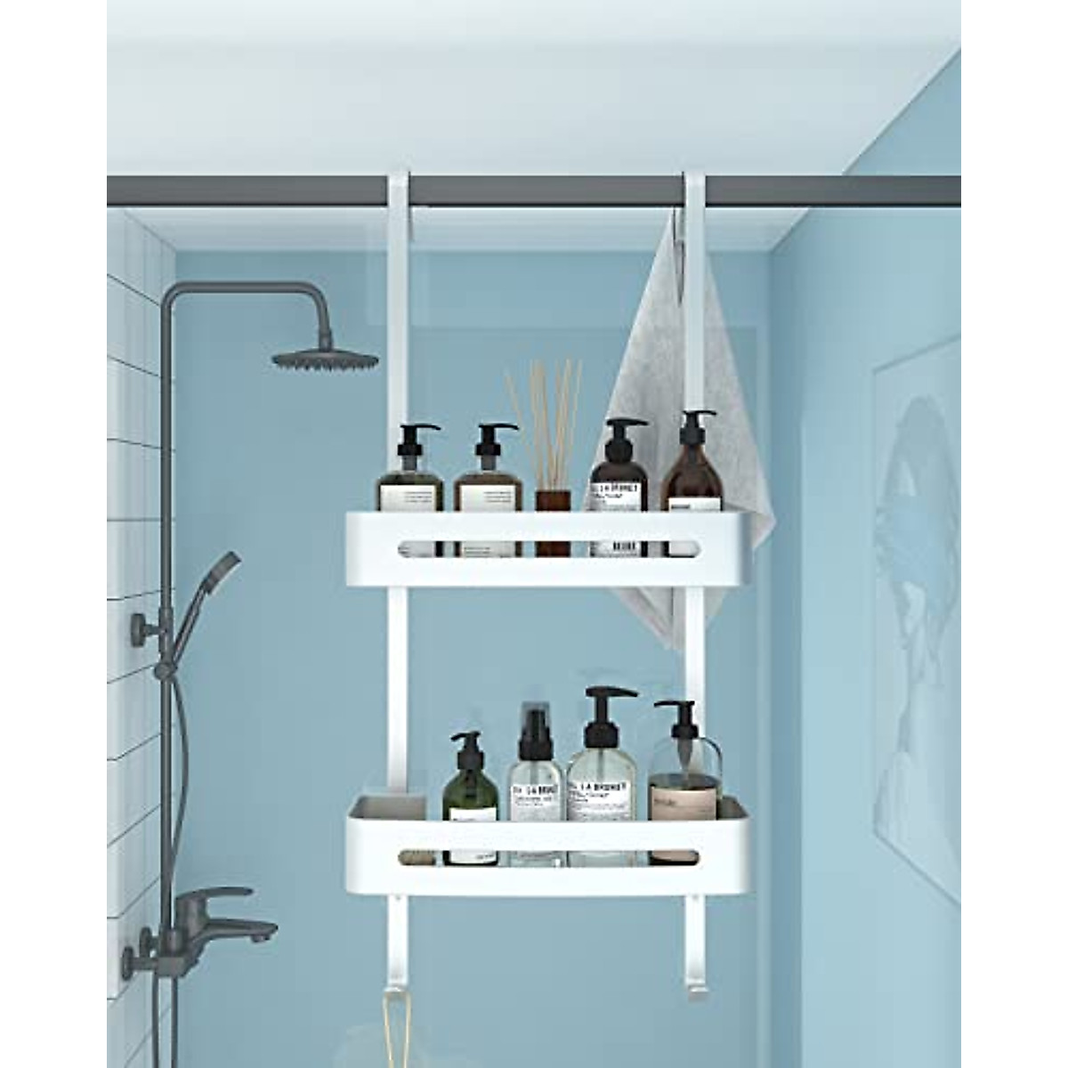 TZAMLI Hanging Shower Caddy Over The Door Shower Organizer, Aluminum Shower Shelf Bathroom Storage Rack with Hook and Basket (Silver-Silver, 2-Tier)