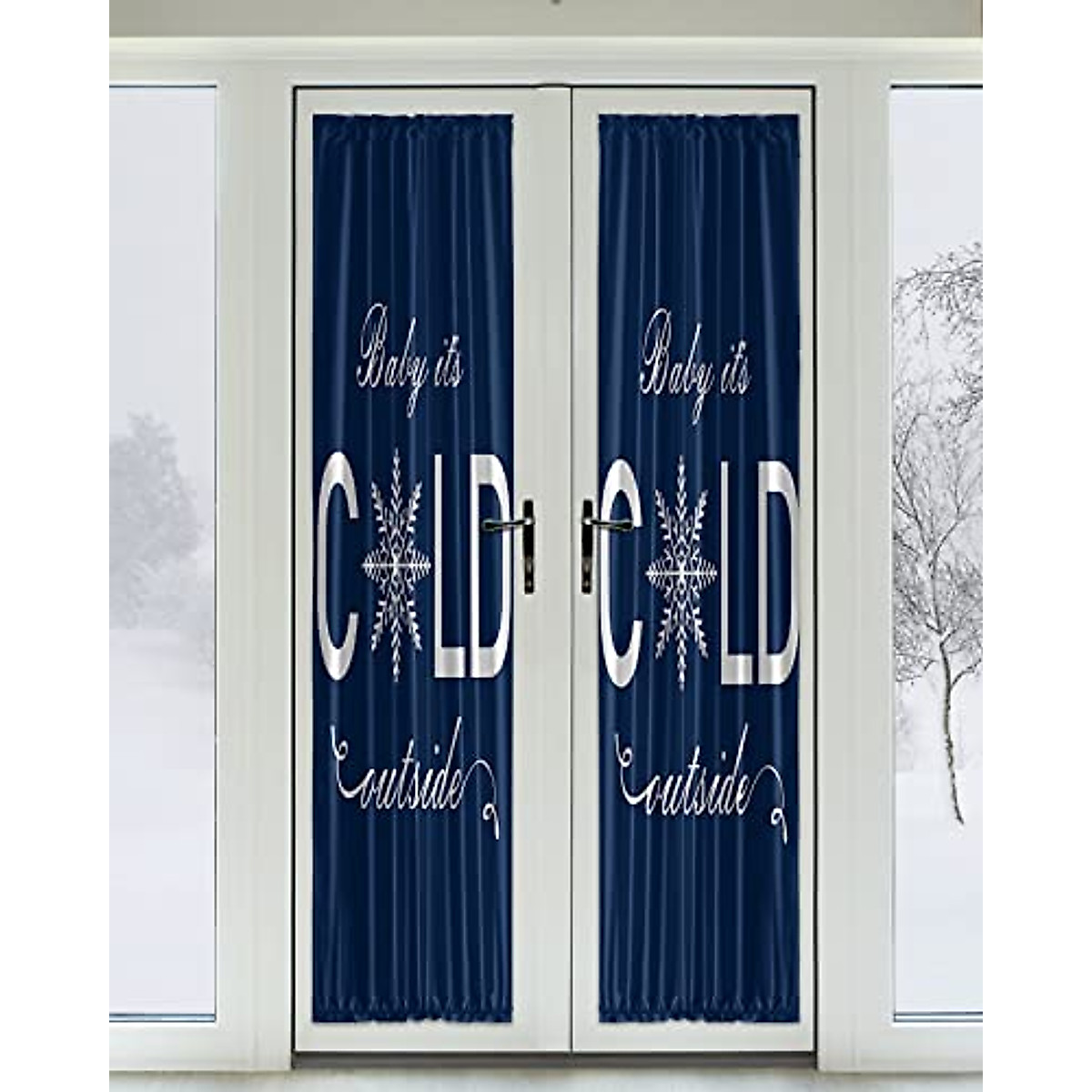 LEOSUCRE Blackout Door Curtains for Doorway Privacy, Christmas French Door Curtain Thermal Insulated Curtains for Front Door Rod Pocket Glass Door Panel 54x72in Cold Winter Snowflakes Blue Backdrop