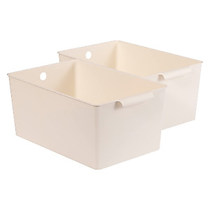 LUFOFOX Set of 2 Plastic Storage Baskets for Shelves with Labels,Small Pantry Organizer,White Storage Tray Baskets for Kitchen,Countertop,Cabinet, Bedroom,Office and Bathroom(Large,White)