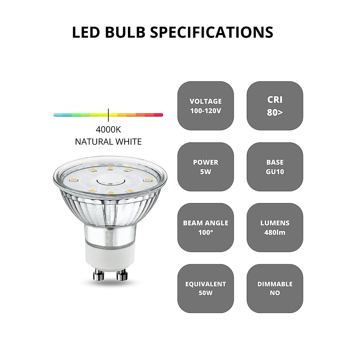 NUOVA GERMANY GU10 LED Light Bulbs Non-Dimmable, 4000K Natural White GU10 Bulb, 5W LED Bulbs with 100°Flood Beam Lighting for Kitchen, Range Hood, Living Room, Bedroom, 6 Pack