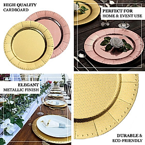 Efavormart 10 Pack | 13" Rose Gold Disposable Charger Plates, Cardboard Serving Tray, Round with Glitter Texture Dotted Rims - 1100 GSM