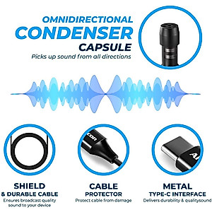 Alvoxcon Lavalier Lapel Microphone, tie Clip mic for Android Smartphone, Tablet with USB Type C Interface for Recording YouTube, Vlog, TikTok, Conference, handsfree with Easy Clip on System