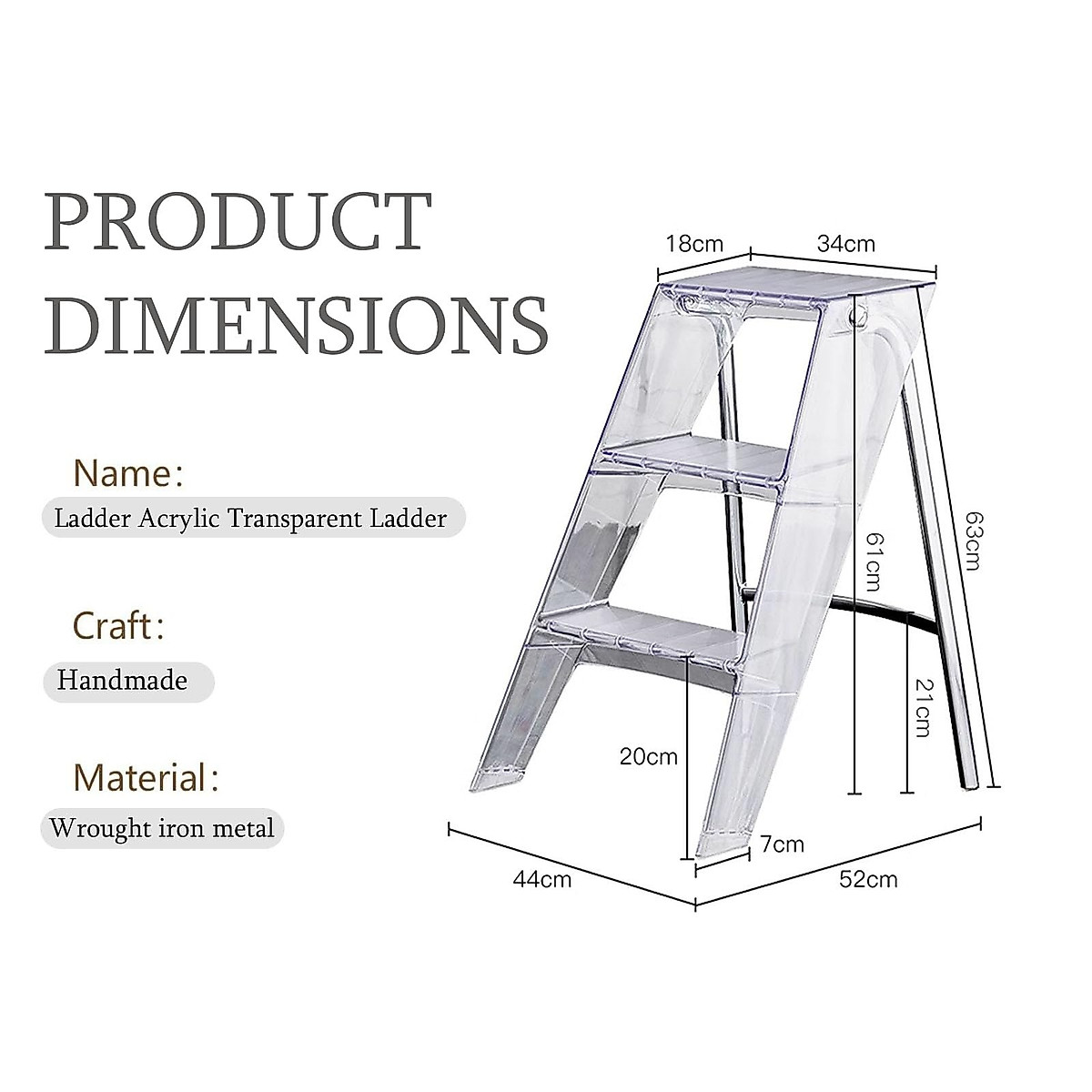 Folding Step Stool for Adults 3 Step LadderStep Stool Acrylic Chair with Anti-Slip Platform and Steel Frame, Storage Shelf for Garden Kitchen Library