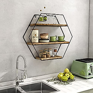 TFER Floating Shelves Wall Mounted Hanging Shelf Hexagon Rustic Farmhouse Shelves for Wall Decor,Storage | Metal Bracket and Reclaimed Natural Wood Shelf for Living Room,Bedroom,Bathroom,Kitchen