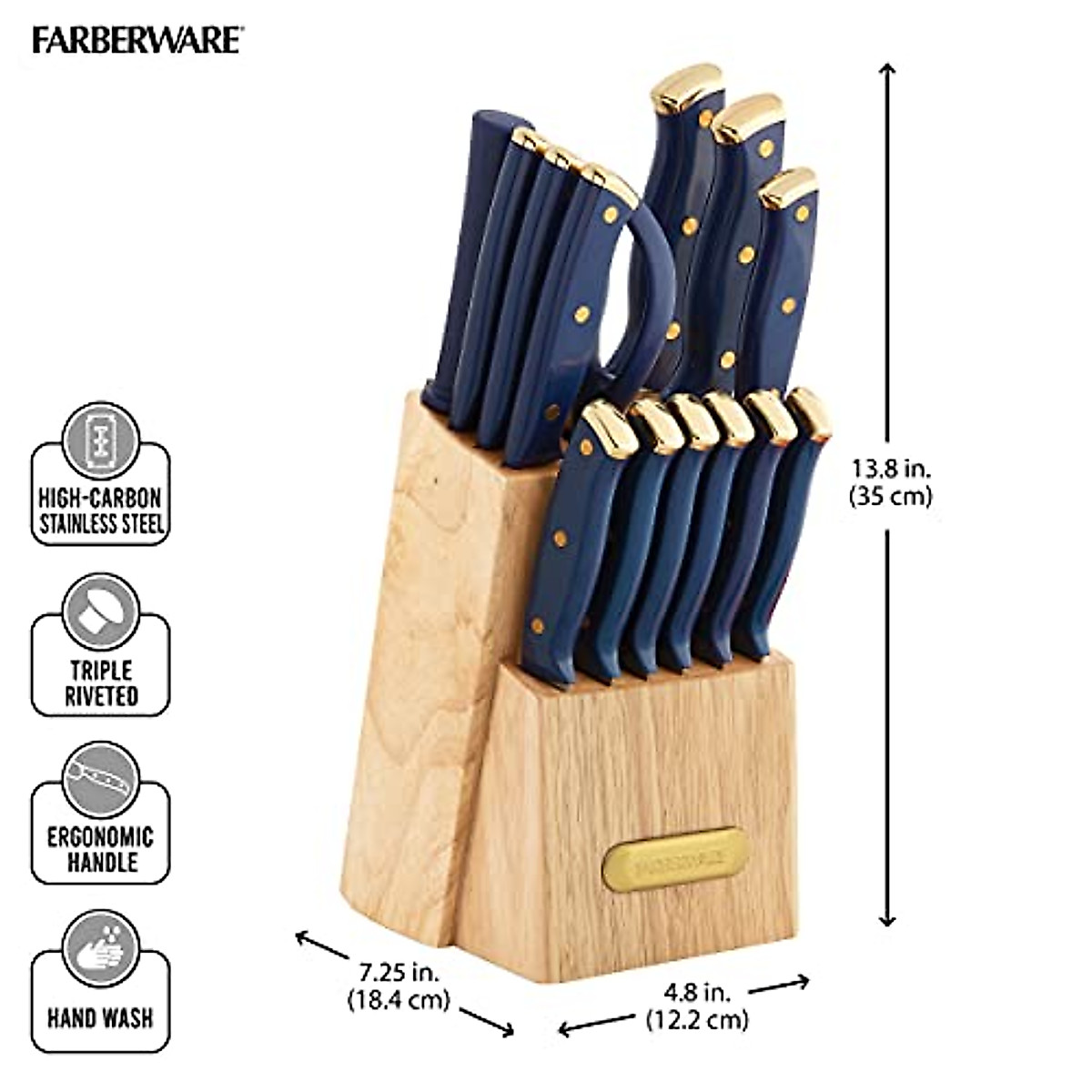 Farberware Triple Riveted Knife Block Set, 15-Piece, Navy and Gold