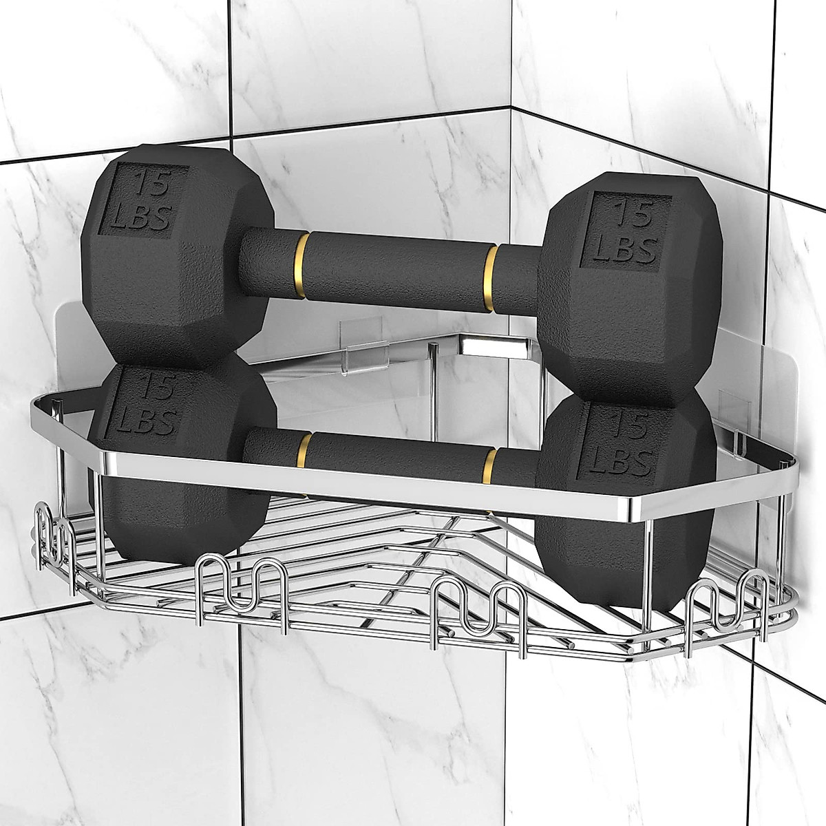 STEUGO Corner Shower Caddy, Shower Organizer Corner Shower Shelf with 12 Hooks,3-Pack Adhesive Stainless Steel Shower Shelves for Bathroom Storage，No Drilling Wall Mounted Shower Rack (Silver)