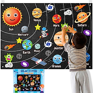 WATINC 44Pcs Outer Space Felt Story Board Set 3.5 Ft Solar System Universe Storytelling Flannel Interactive Play Kit with Hooks Astronaut Planets Alien Galaxy Reusable Wall Hanging Gift for Boys Girls
