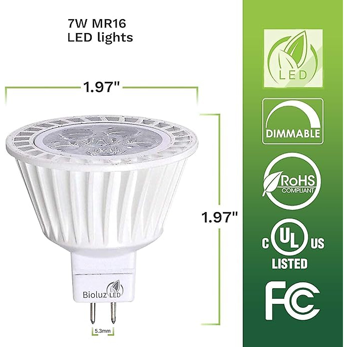 Bioluz LED 10 Pack MR16 LED Bulb Dimmable 50W Halogen Replacement 3000K 7w 12V AC DC UL Listed High CRI