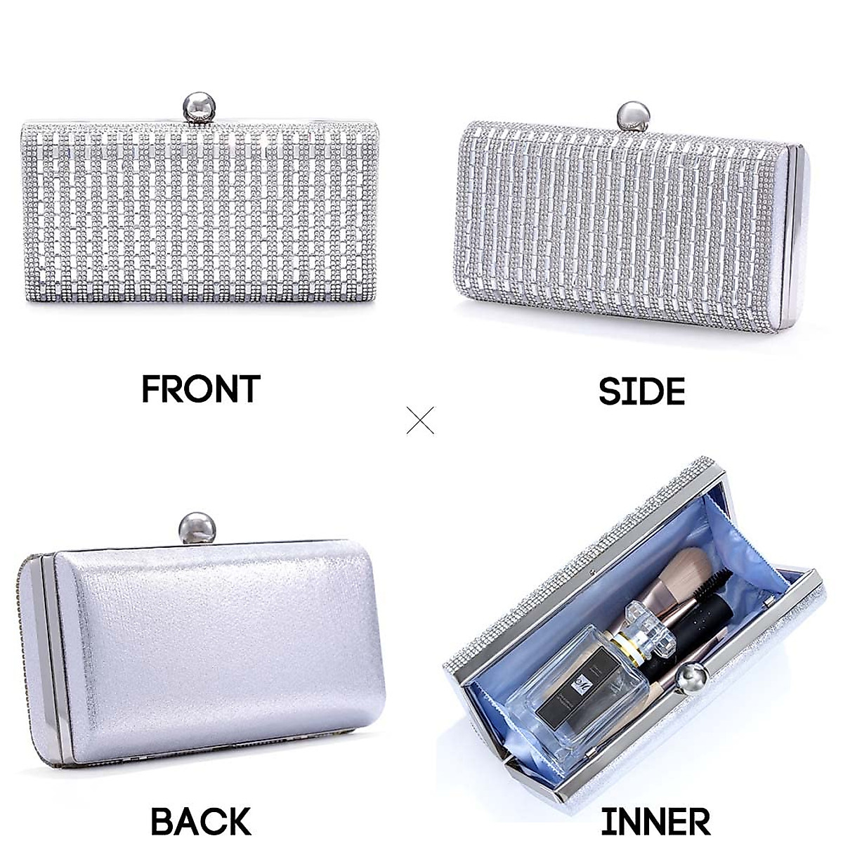 Yokawe Clutch Purse for Women Sparkling Rhinestone Evening Bag Bridal Wedding Prom Party Handbag (Silver)