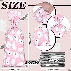 JarThenaAMCS 150Pcs Halloween Cellophane Bags with 200Pcs Twist Ties Pink Ghost Gift Bags Trick or Treat Candy Goodie Party Favor Bags for Halloween Party Favor Supplies