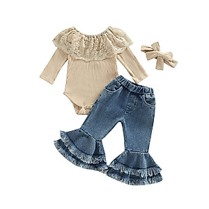 Balaflyie Infant Baby Girl Clothes Outfits Floral Ruffle Collar Long Sleeve Romper+Denim Flare Pants Bell Bottom Jeans