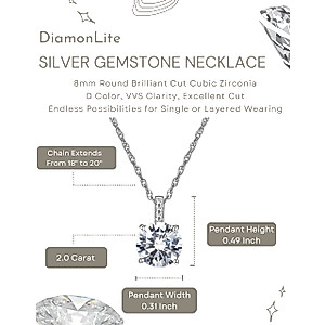 DIAMONLITE 2 Ct Round CZ 925 Sterling Silver Necklace for Women - 18" + 2" Cubic Zirconia Necklace, Round Cubic Zirconia Pendant Necklace, Sterling Silver CZ Necklace, Womens Cubic Zirconia Necklace