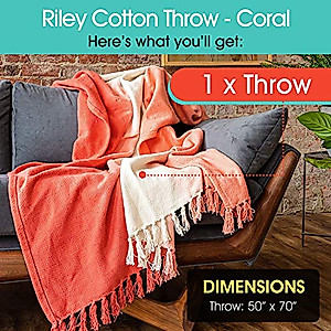 Refinery29 | Riley Collection | Premium Cotton Textured Throw Blanket, Modern Dip Dye Fringe Design for Luxury Home Décor (50 x 70, Coral)