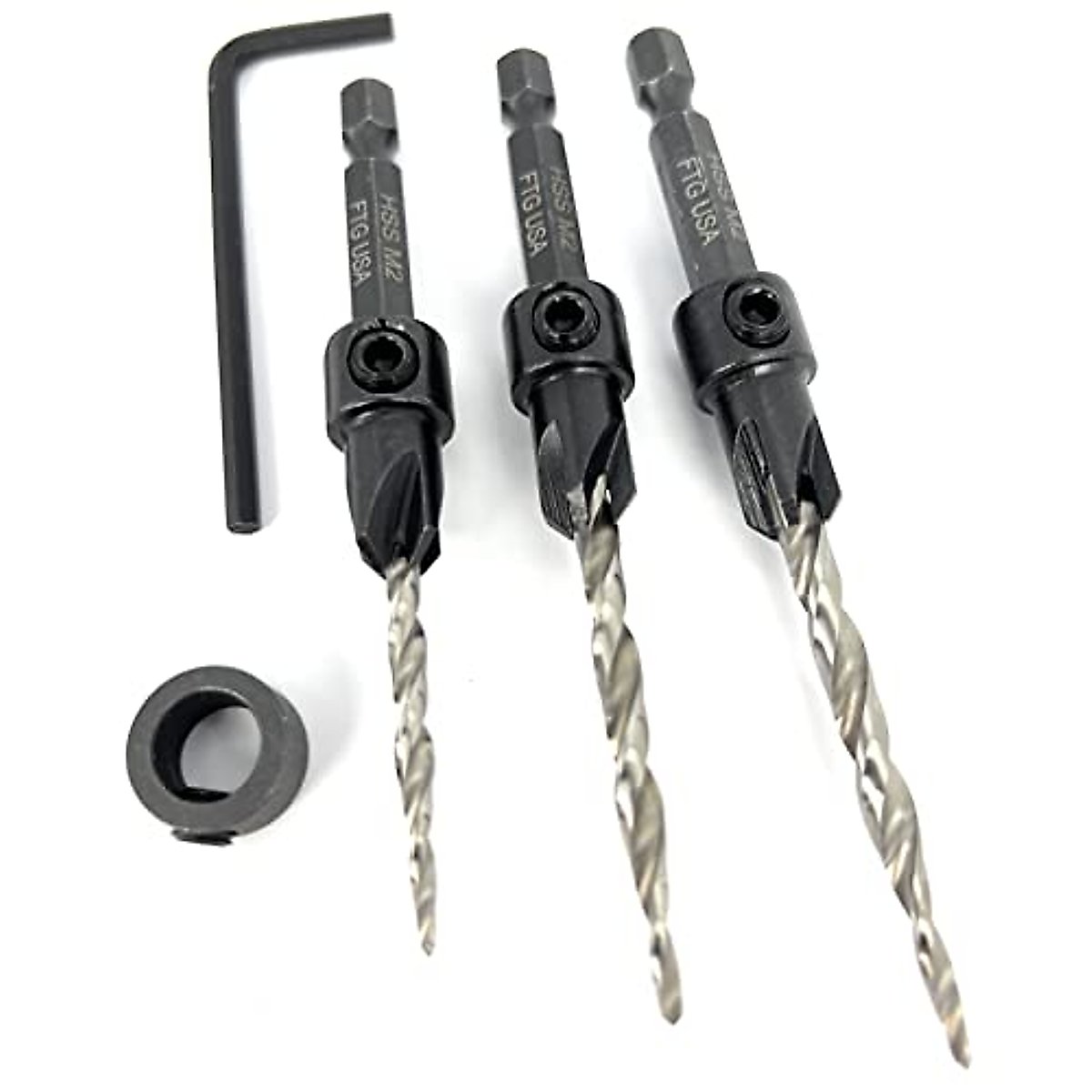 FTG USA Wood Countersink Drill Bit Set 3 Pc Countersink Drill Bit #6#8#10 Tapered Drill Bits with Improved Countersink Connection Drill Bit to Hex Shank Without Pin, 1 Stop Collar, 1 Allen Wrench