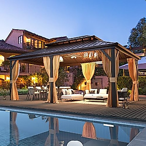 MELLCOM 12'x18' Hardtop Gazebo, Galvanized Steel Metal Double Roof Aluminum Gazebo with Curtain and Netting, Brown Permanent Pavilion Gazebo for Patio, Lawn & Garden