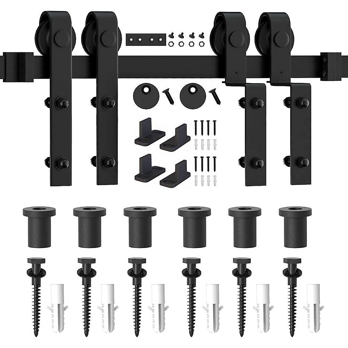 WINSOON 8FT Single Track Bypass Barn Door Hardware Double Doors Kit with 2PCS 12 Inch Sliding Barn Door Handles Black Hardware