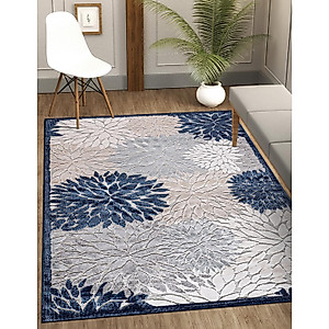 CAMILSON Indoor/Outdoor Rug Blue 5x7 Floral Exotic Tropical Area Rugs for Indoor and Outdoor patios, Easy-Cleaning Non-Shedding Living Room, Garden and Kitchen Washable Outside Carpet (5X 7)
